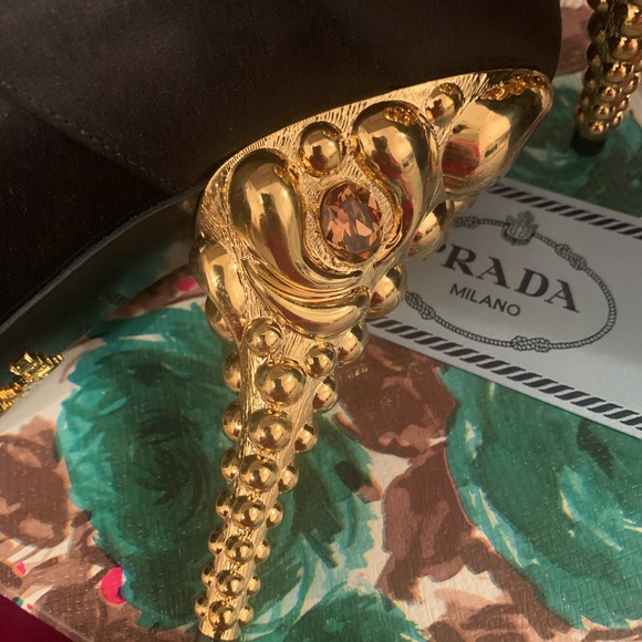 Prada | Shoes | Lovely Prada Black Satin Wgold Jeweled Heel | Poshmark
